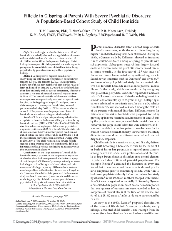 (PDF) Filicide in Offspring of Parents With Severe Psychiatric Disorders