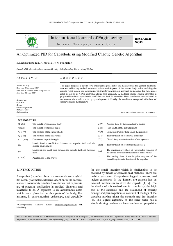 Pdf An Optimized Pid For Capsubots Using Modified Chaotic Genetic Algorithm