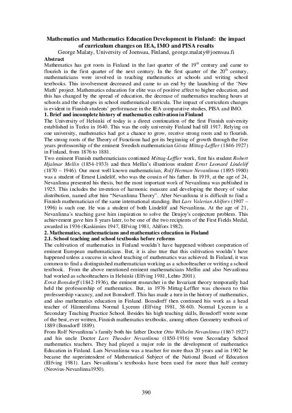 (PDF) Mathematics and Mathematics Education Development in Finland: the ...