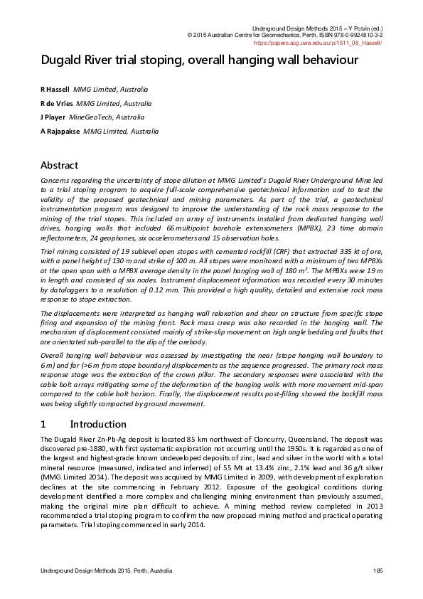 Dugald River trial stoping, overall hanging wall behaviour