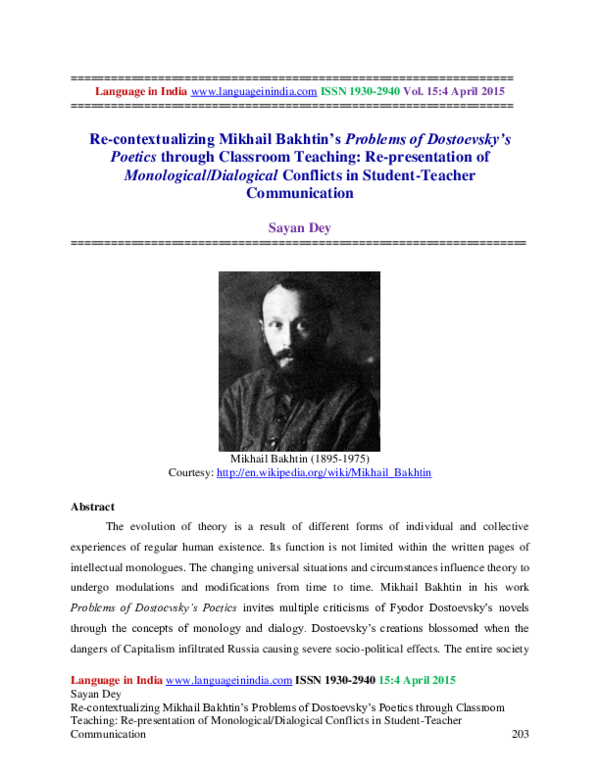 (PDF) Re-contextualizing Mikhail Bakhtin’s Problems of Dostoevsky’s ...