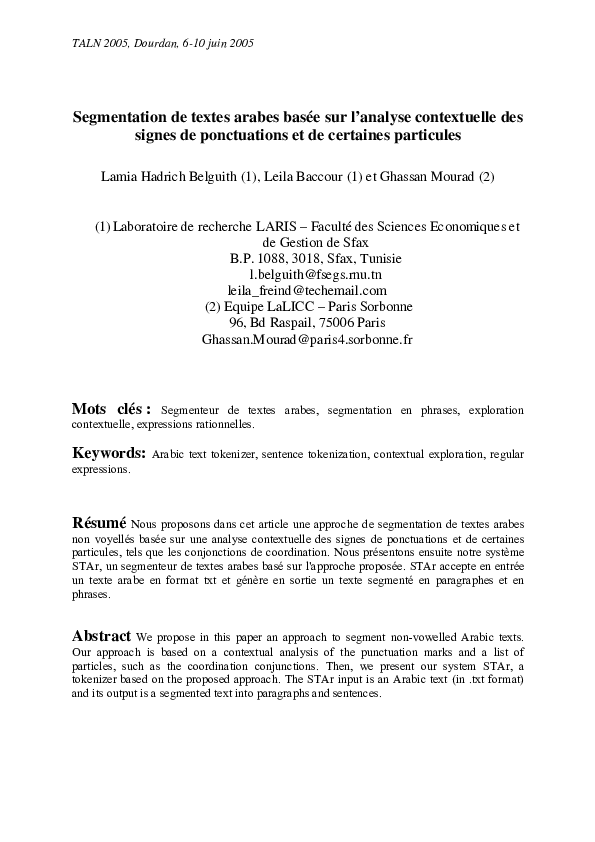 Pdf Segmentation De Textes Arabes Basée Sur Lanalyse Contextuelle Des Signes De Ponctuations