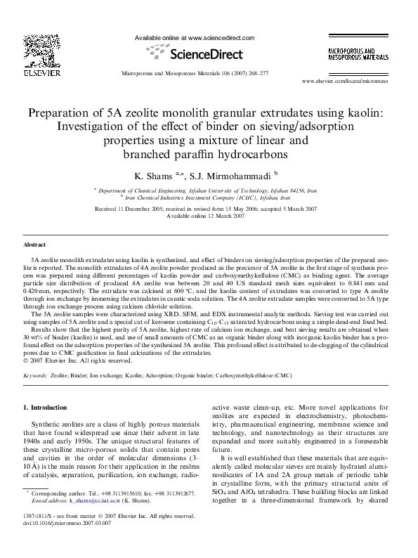 (PDF) Preparation of 5A zeolite monolith granular extrudates using ...