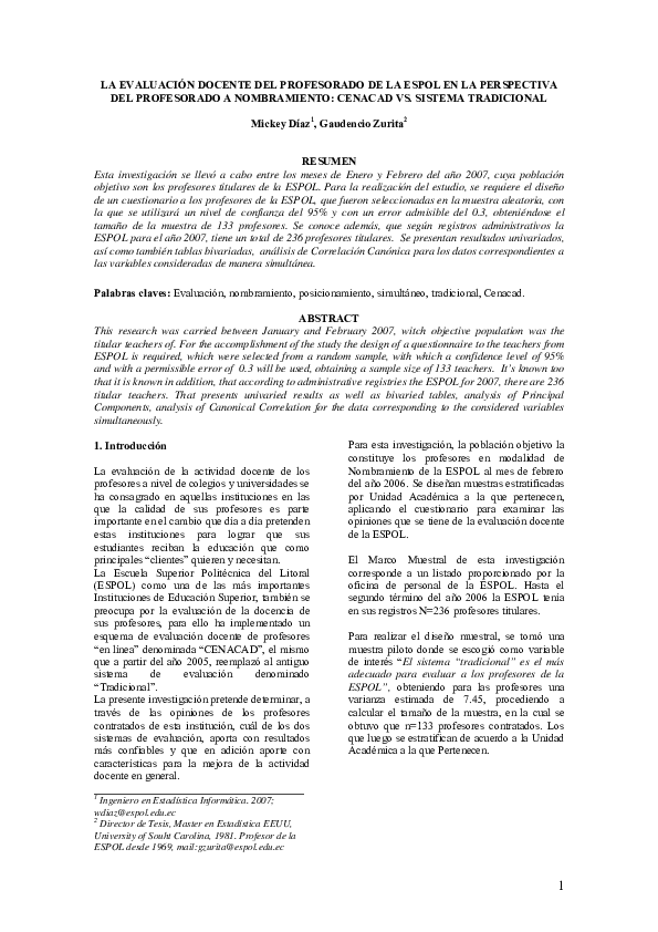 (PDF) La Evaluación Docente Del Profesorado De La Espol En La ...