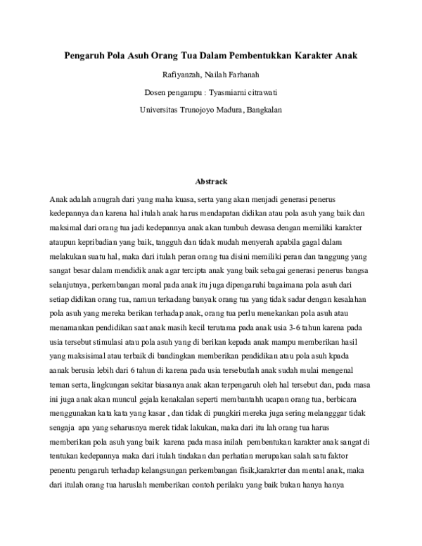 (DOC) Pengaruh Pola Asuh Orang Tua Dalam Pembentukkan Karakter Anak