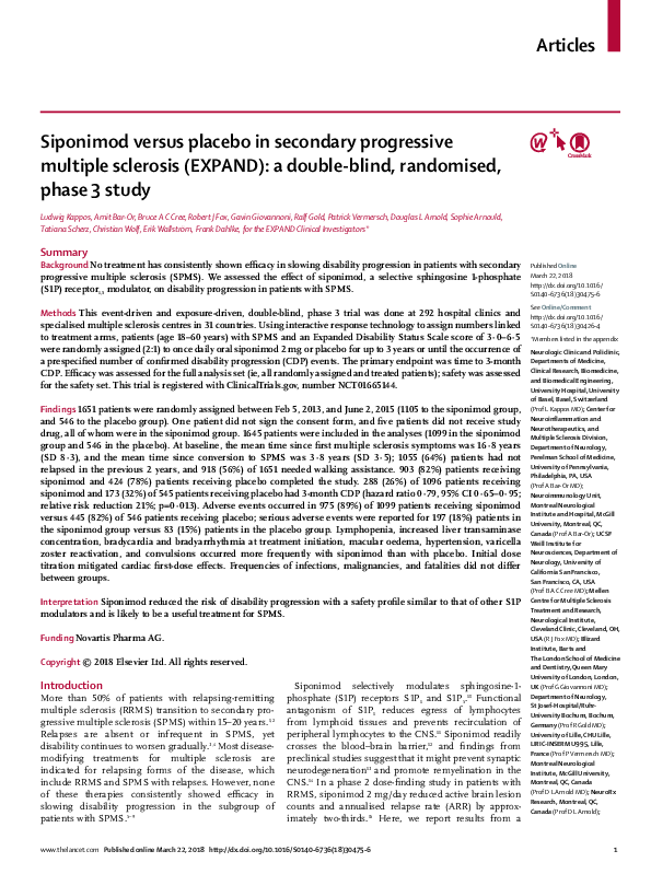 (PDF) Siponimod versus placebo in secondary progressive multiple sclerosis (EXPAND): a double ...