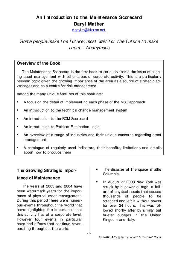 (PDF) An Introduction to the Maintenance Scorecard | Daryl Mather ...