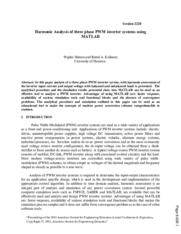 (PDF) Harmonic Analysis Of Three Phase Pwm Inverter Systems Using Matlab