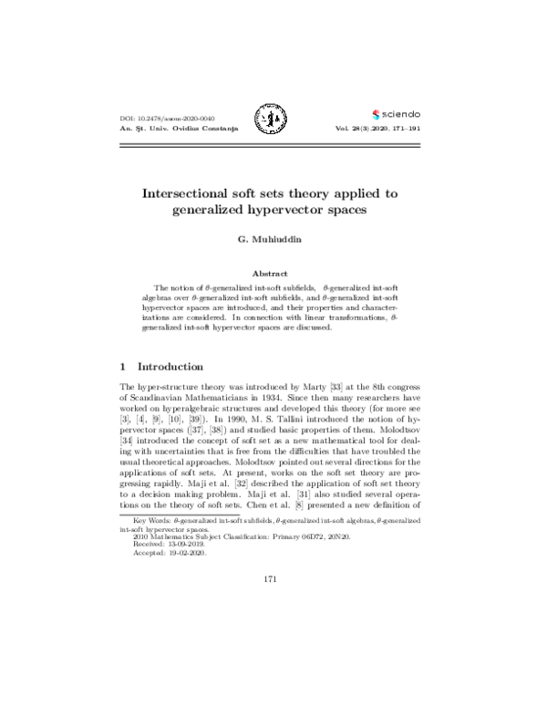 (PDF) Intersectional soft sets theory applied to generalized hypervector spaces