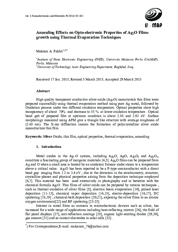 (PDF) Annealing effects on opto-electronic properties of Ag₂O films growth using thermal ...