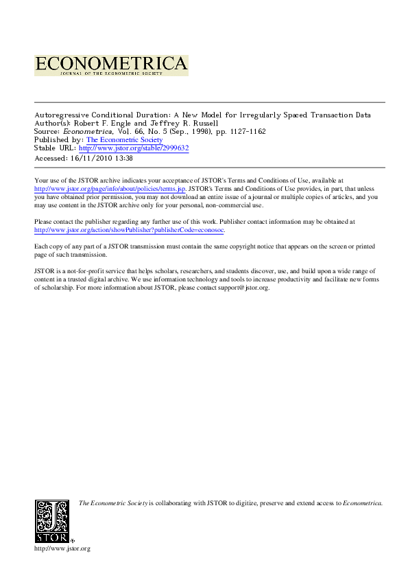 Pdf Autoregressive Conditional Duration A New Model For Irregularly