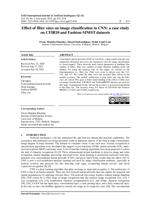 (PDF) Effect of filter sizes on image classification in CNN: a case ...