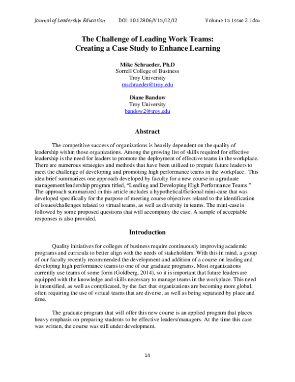 (PDF) The Challenge of Leading Work Teams: Creating a Case Study to ...