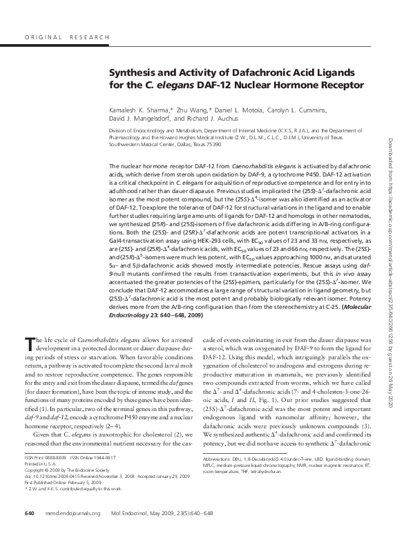 (PDF) Synthesis and Activity of Dafachronic Acid Ligands for the C ...