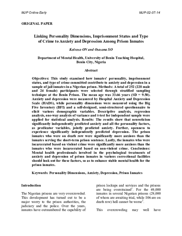 (PDF) Linking Personality Dimensions, Imprisonment Status and Type of ...