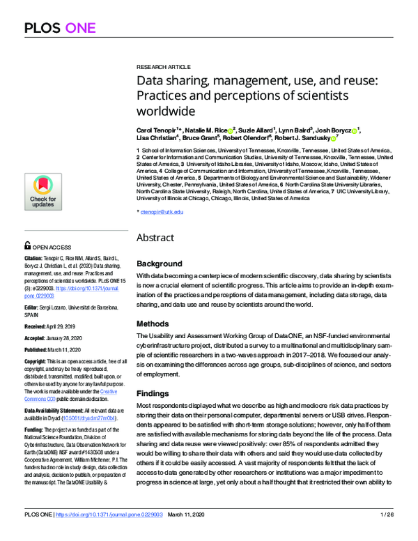 (PDF) Data sharing, management, use, and reuse: Practices and perceptions of scientists worldwide