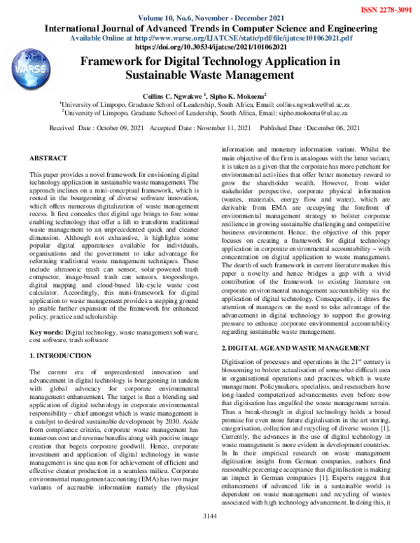 (PDF) Framework for Digital Technology Application in Sustainable Waste ...