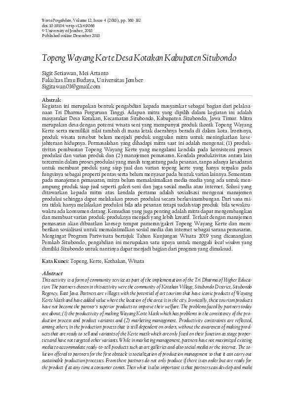 (PDF) Topeng Wayang Kerte Desa Kotakan Kabupaten Situbondo