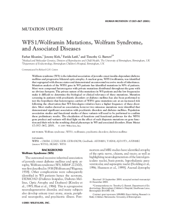 (PDF) WFS1/wolframin mutations, Wolfram syndrome, and associated diseases