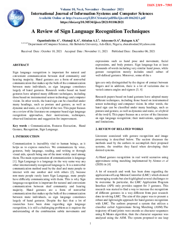 (PDF) A Review of Sign Language Recognition Techniques
