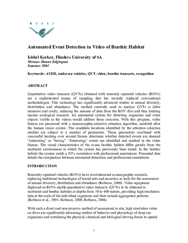 (PDF) Automated Event Detection in Video of Benthic Habitat