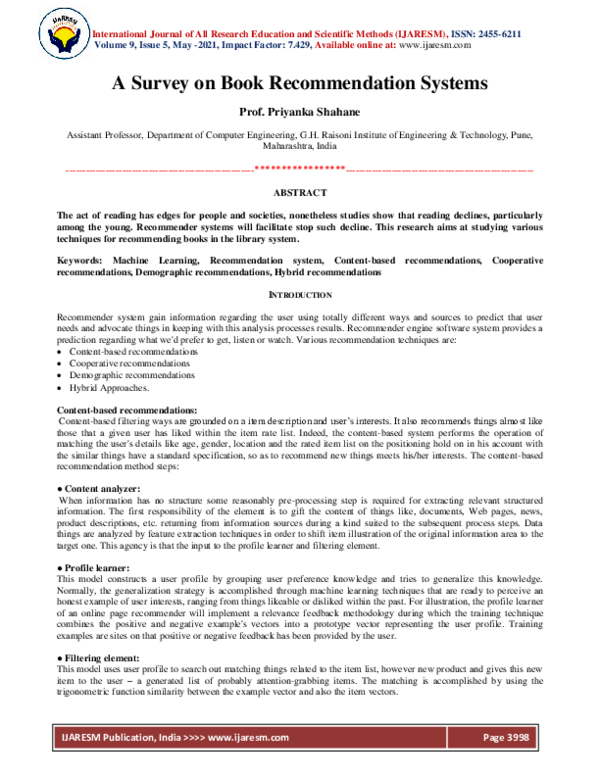 (PDF) A Survey on Book Recommendation Systems