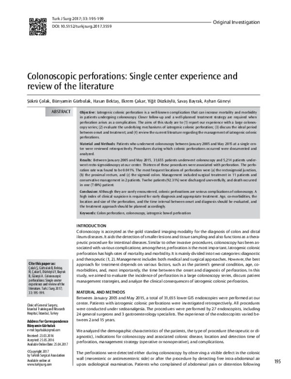 (PDF) Colonoscopic perforations: Single center experience and review of ...