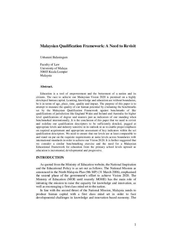 Pdf Malaysian Qualification Framework A Need To Revisit