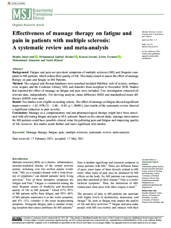 (PDF) Effectiveness of massage therapy on fatigue and pain in patients ...