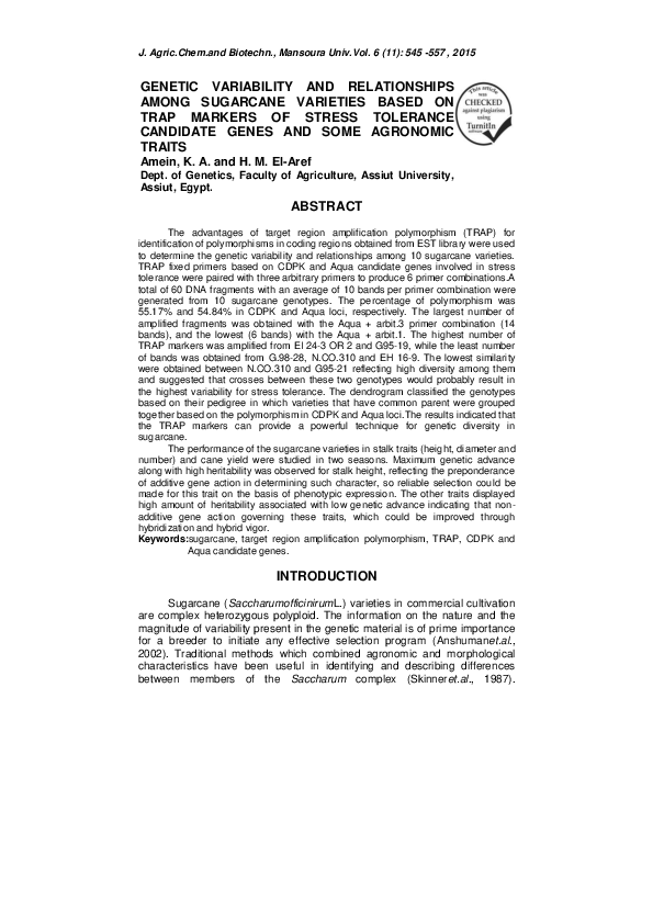 Pdf Genetic Diversity In Sugarcane Varieties Using Trap Markers