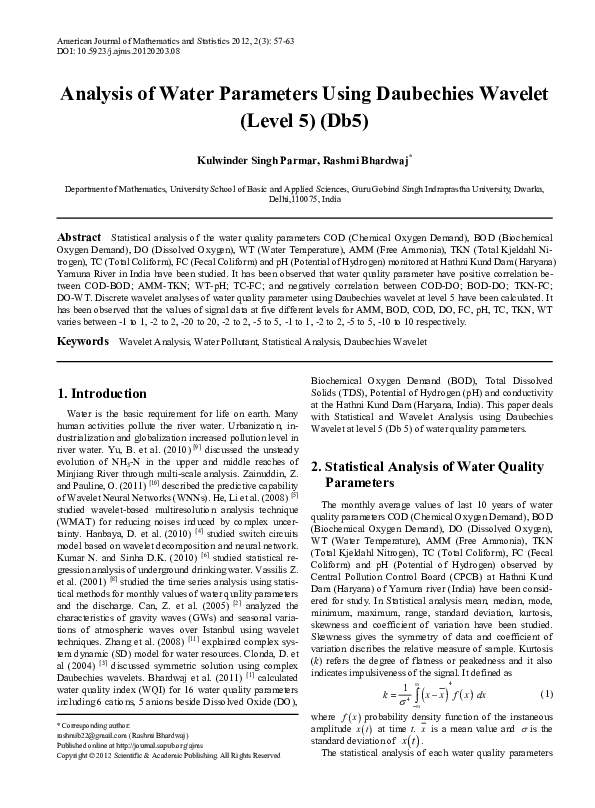 (PDF) Analysis of Water Parameters Using Daubechies Wavelet (Level 5) (Db5)