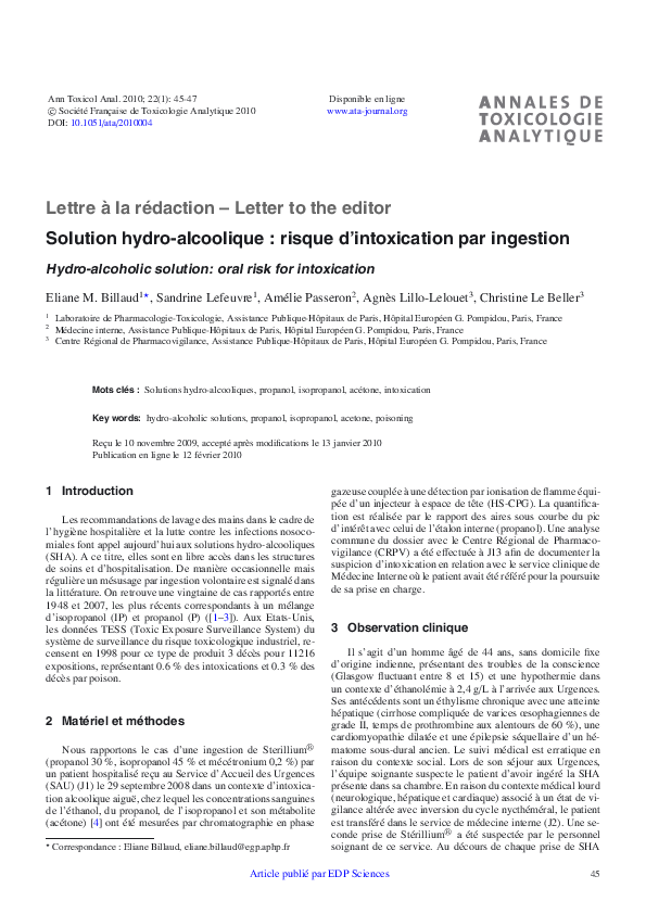 (PDF) Solution hydro-alcoolique: risque d’intoxication par ingestion