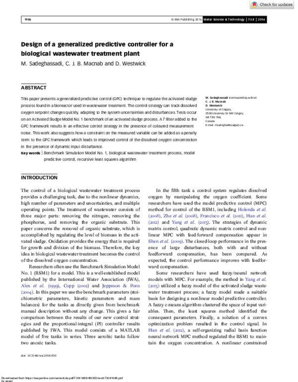 (PDF) Design of a generalized predictive controller for a biological wastewater treatment plant