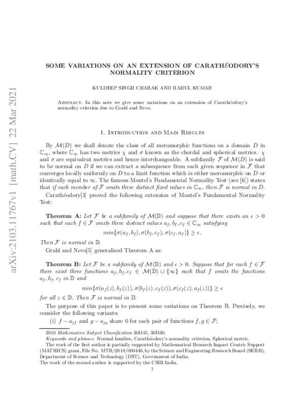 (PDF) Some variations on an extension of Caratheodory's normality criterion