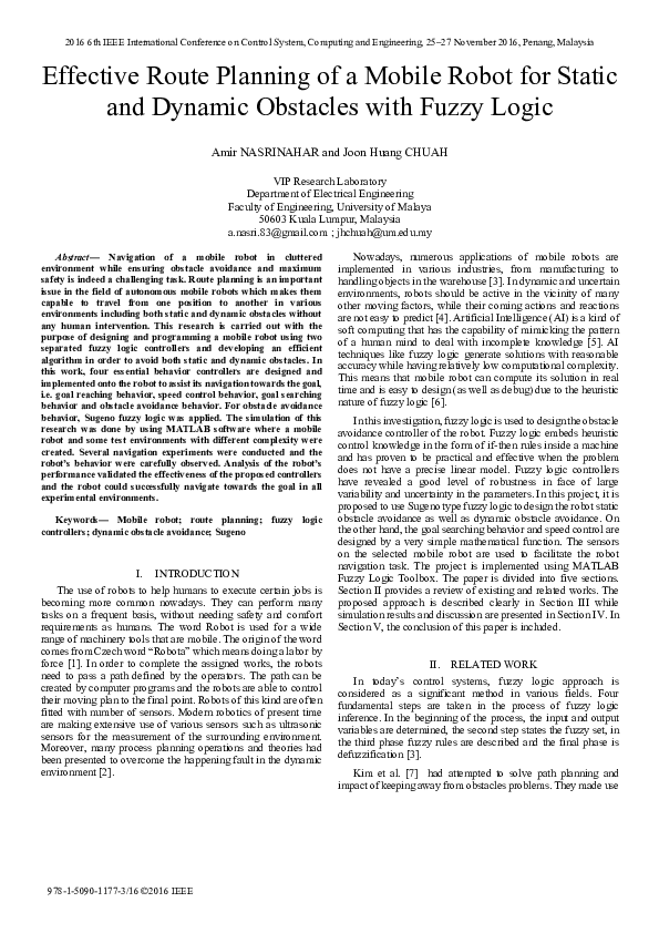 Pdf Effective Route Planning Of A Mobile Robot For Static And Dynamic Obstacles With Fuzzy Logic