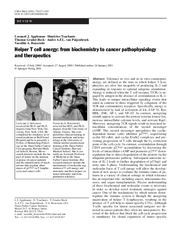 Helper T cell anergy: from biochemistry to cancer pathophysiology and ...