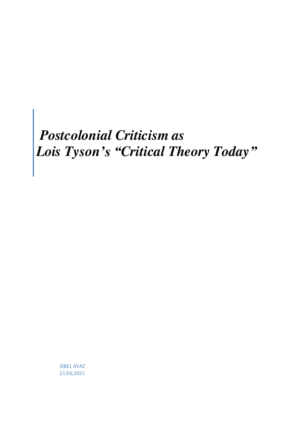 (PDF) Postcolonial Criticism as Lois Tyson's "Critical Theory Today"