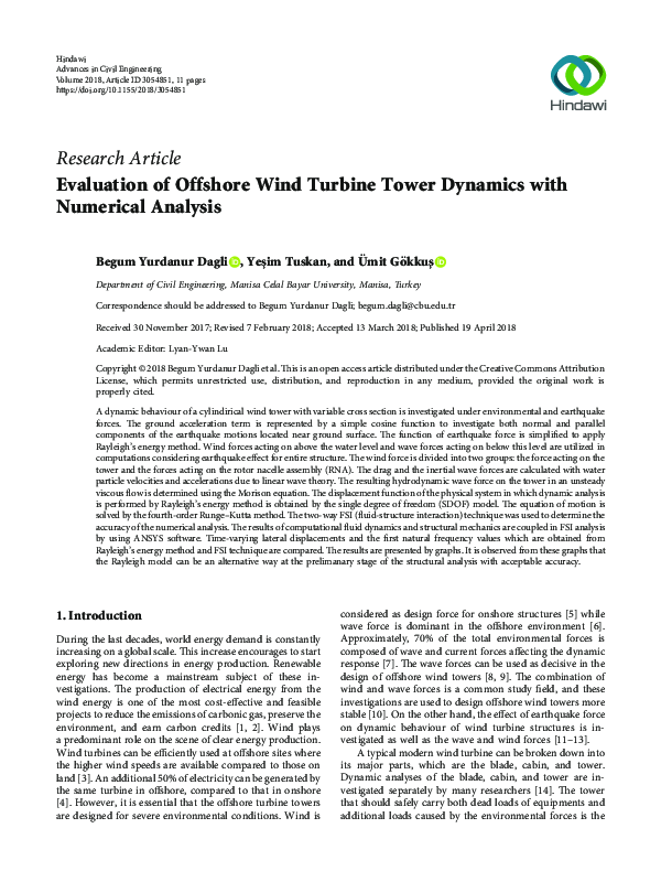 Pdf Evaluation Of Offshore Wind Turbine Tower Dynamics With Numerical