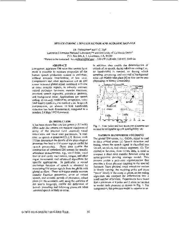 Pdf Speech Coding Using Em Sensor And Acoustic Signals