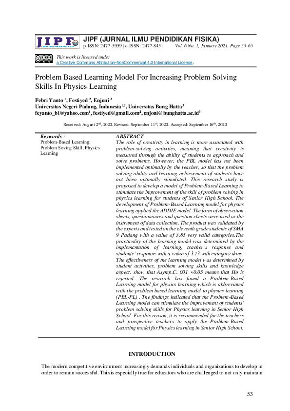 Pdf Problem Based Learning Model For Increasing Problem Solving Skills In Physics Learning