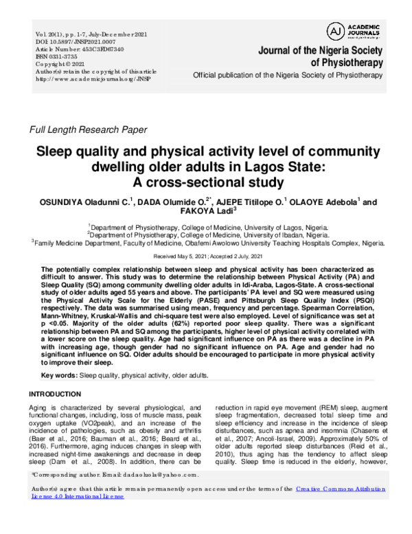 (PDF) Sleep quality and physical activity level of community dwelling older adults in Lagos ...