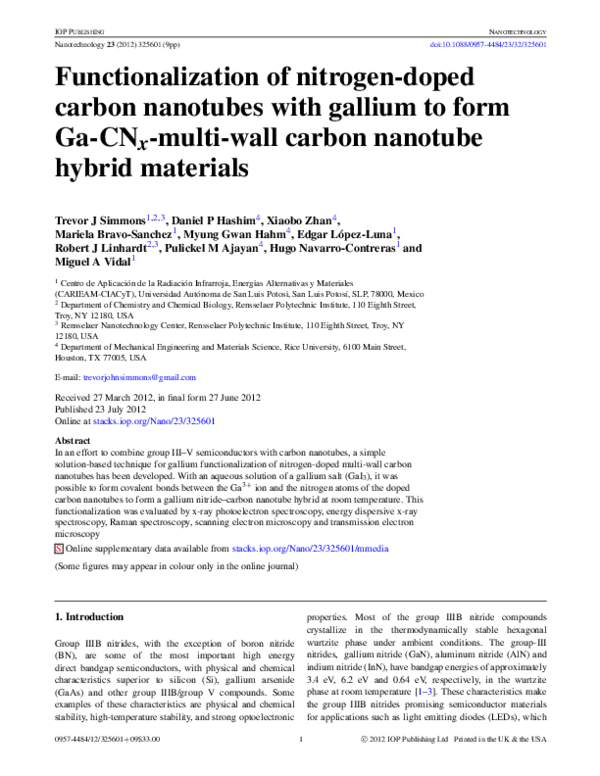 (PDF) Functionalization of nitrogen-doped carbon nanotubes with gallium to form Ga-CN x -multi ...