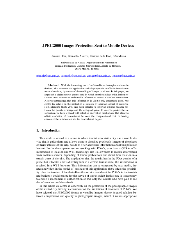 (PDF) JPEG2000 Images Protection Sent to Mobile Devices