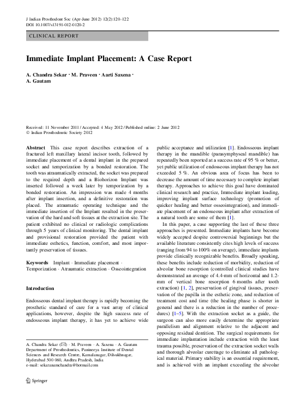 (PDF) Immediate Implant Placement: A Case Report