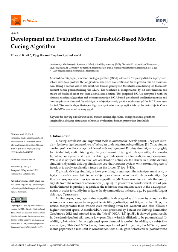 (PDF) Development and Evaluation of a Threshold-Based Motion Cueing Algorithm