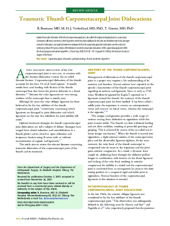 (PDF) Traumatic Thumb Carpometacarpal Joint Dislocations