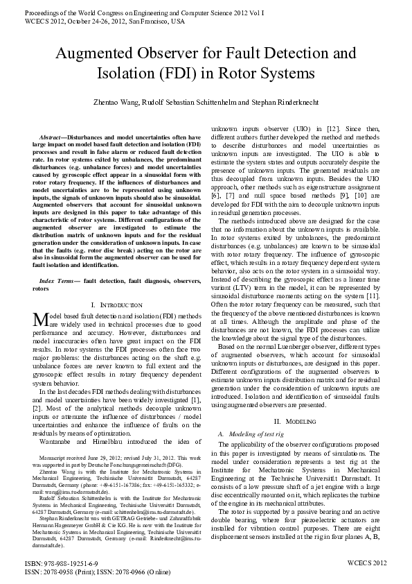 (PDF) Augmented Observer for Fault Detection and Isolation (FDI) in Rotor Systems