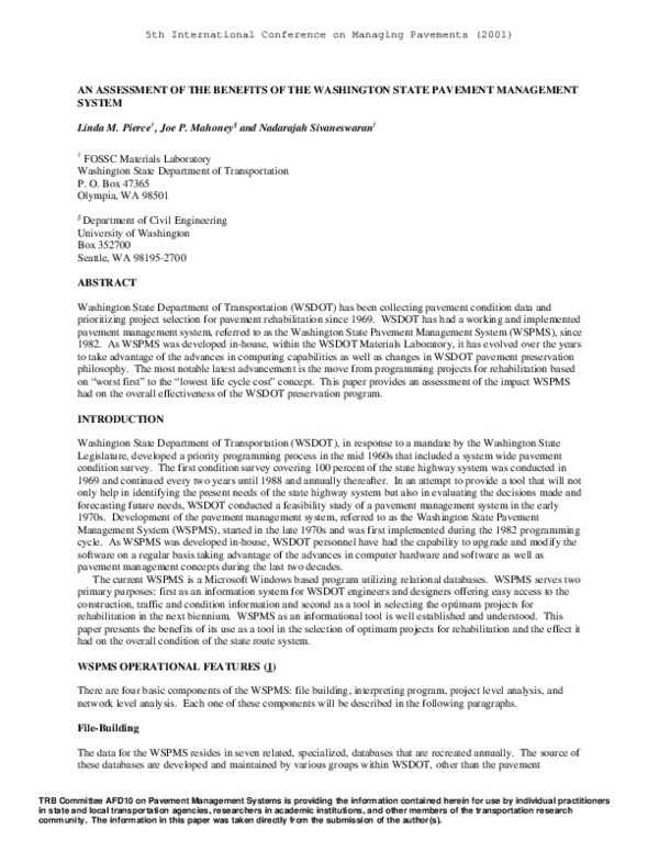 (PDF) An Assessment of the Benefits of the Washington State Pavement ...