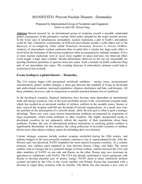 (PDF) 1 MANIFESTO : Prevent Nuclear Disaster-Doomsday