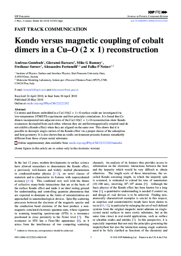 (PDF) Kondo versus magnetic coupling of cobalt dimers in a Cu–O (2 × 1 ...
